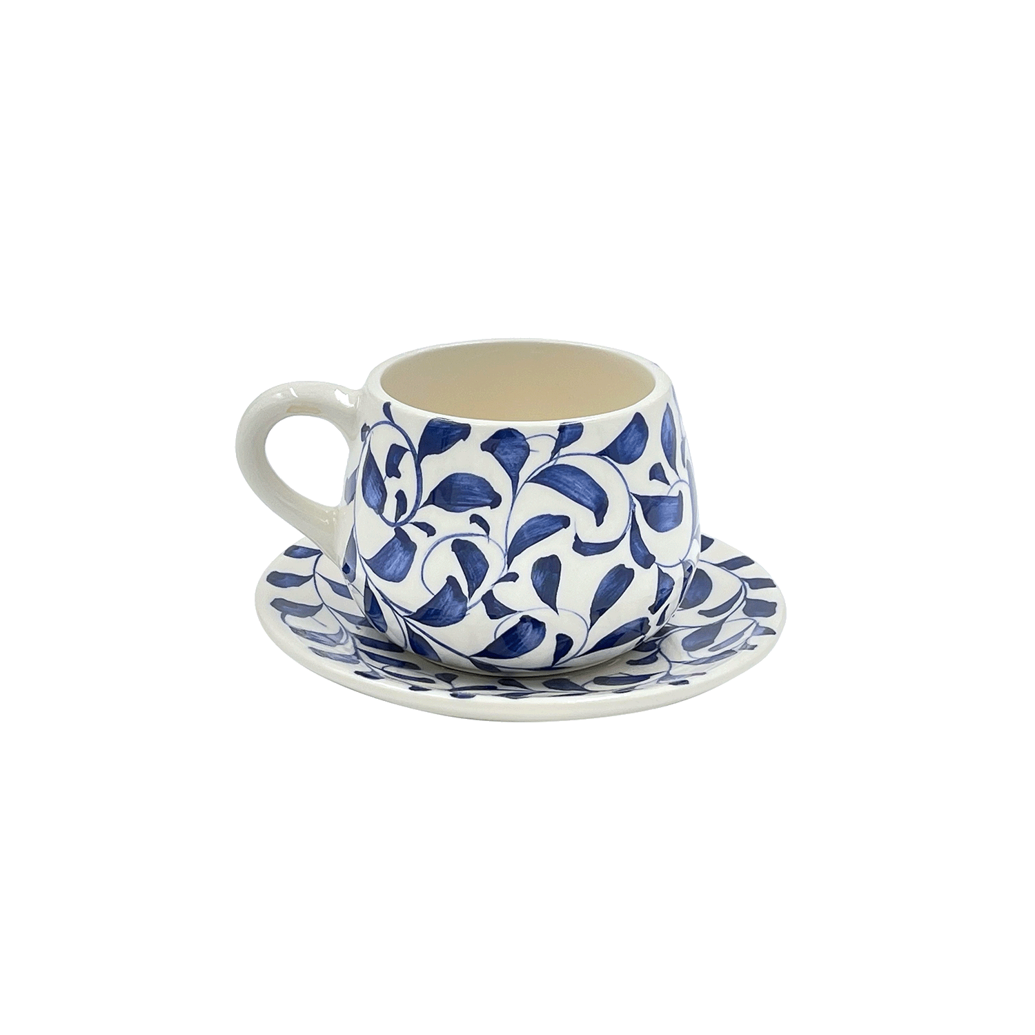Navy Blue Scroll Coffee Cup & Saucer | Villa Bologna Pottery
