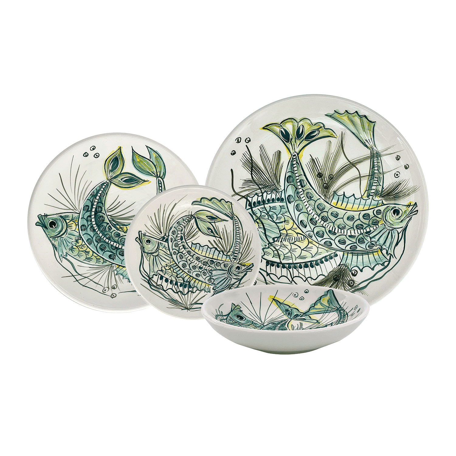Green Aldo Fish Dinner Set (16 Piece) | Villa Bologna Pottery