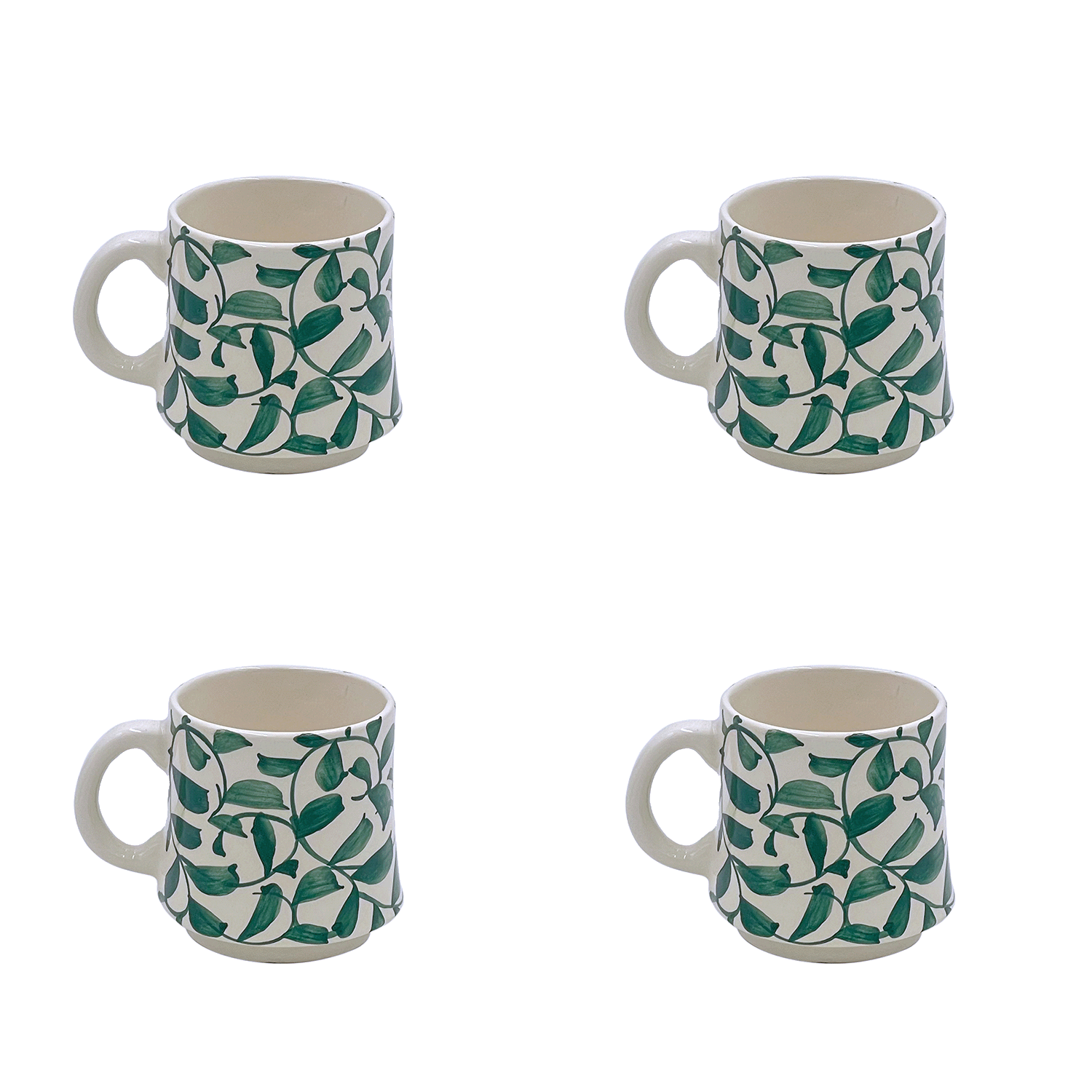 Set of 4 Small Green Scroll Mugs | Villa Bologna Pottery